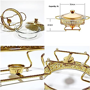 Hotpot Buffet Warmer Round Glass Buffet Warmer Multifunctional Solid Fuel Boiler Suitable for Kitchen Catering Wedding Party Events (Gold)