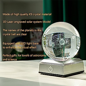 ERWEI 3D Solar System Model Crystal Ball 3.15" Laser Engraved Universe Planets Globe with Led Light Base Science Astronomy Gifts Educational Space Gift Kids Solar System Toys