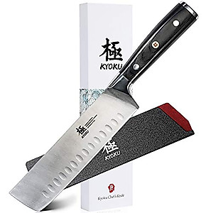 KYOKU Samurai Series - Nakiri Japanese Vegetable Knife 7" - Full Tang - Japanese High Carbon Steel Kitchen Knives - Pakkawood Handle with Mosaic Pin - with Sheath & Case