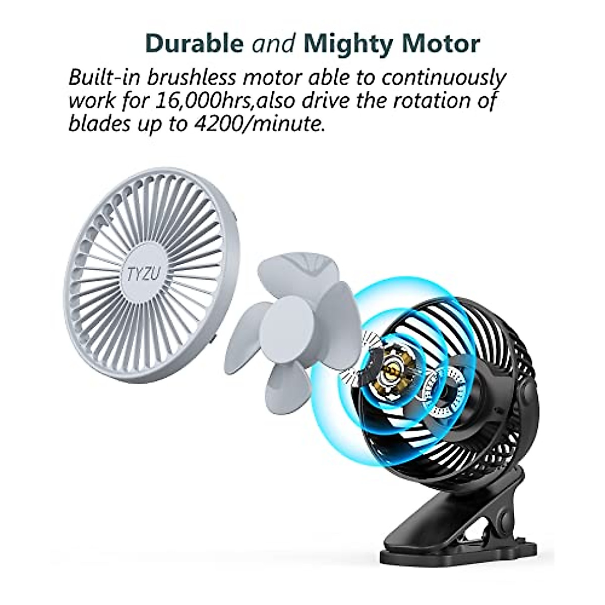TYZU 5 Inch Clip on Fan, 3-Speed Desk Fan, 2500mAh Battery Operated Portable Stroller Fan with Strong Clamp, Small Dorm Fan with Strong Airflow, 360°Rotate, Quiet USB Fan for Bed Office Treadmill