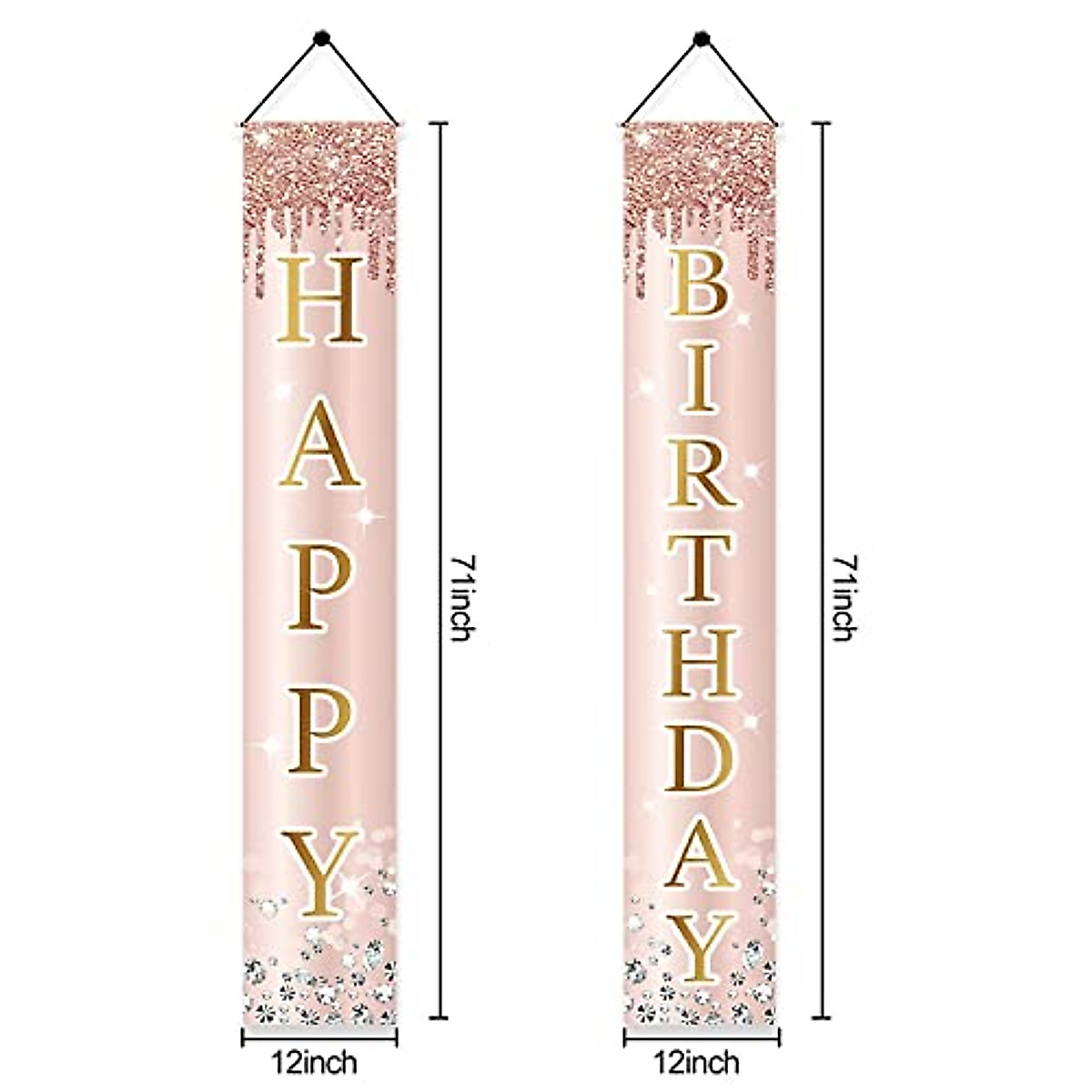 Pink Rose Gold Happy Birthday Door Banner Decorations for Women, Happy Birthday Door Cover & Porch Party Supplies, Large 16th 21st 30th 40th 50th Birthday Backdrop Decor