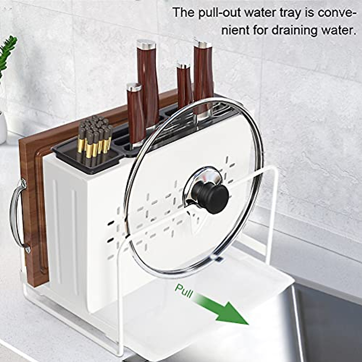 Knife Block, Smathou Knife Holder, Cutting Board Holder, 4 in 1 Kitchen Countertop Organizer, White