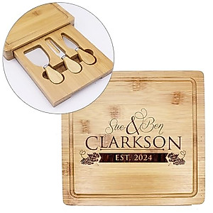 Customized Cheese Cutting Board and Serving Tray and Knife Tools Set - Custom Personalized for Couples, Weddings, Housewarming, Anniversary