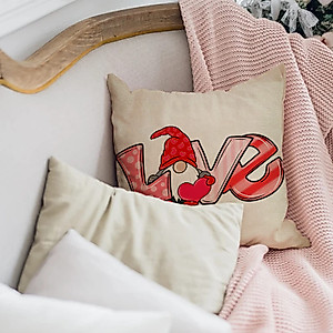 Softxpp Gnome Decorative Throw Pillow Cover, Valentine’s Day Cushion Case Pink Love Heart Sign, Anniversary Wedding Home Spring Decorations Pillowcase Decors for Sofa Couch 18 x 18 Cotton Linen