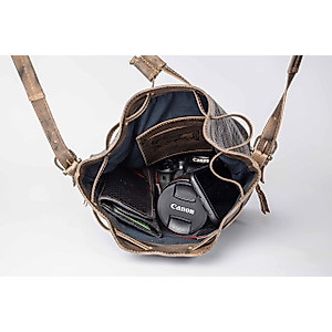 Womens Drawstring Bucket Bag, Genuine Leather Crossbody Bag, Hand tooled, Dark Brown, Handmade Leather Purse