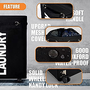 CAROEAS 23" Pro+ WHEELED Laundry Hamper Black&White Breathable Cover Heavy Duty Laundry Sorter Dirty Clothes Organizer Waterproof Foldable Laundry Basket Extra Large Laundry Bag (Pro Plus 23",Black)