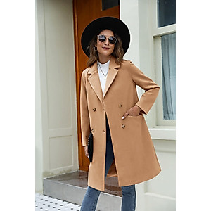 Yousify Womens Notched Lapel Collar Double Breasted Pea Coat Winter Wool Blend Over Coats Long Jackets Camel M