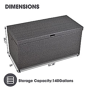 140 Gallon Patio Storage Box with Waterproof Inner Large Wicker Outdoor Storage, Deck Boxes for Cushions, Garden Tools, Pool Toys, Aluminum Frame, Grey