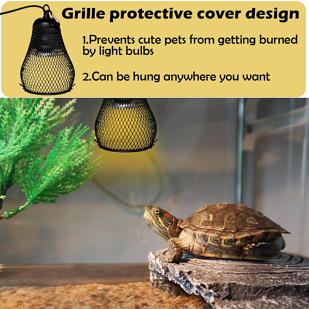 Reptile Heat Lamp,UVA UVB Reptile Light Anti-Scald Heater Guard Turtle Basking Heater Lamp with Guard for Lizard,Snake, Parakeets Parrots Chameleon, Amphibian Bird Supplies(2 Bulbs 25W+50W)