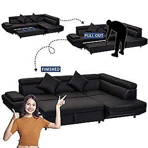 FDW Sofa Sectional futon Sofa Bed Sofa for Living Room Couches and Sleeper Sofa PU Leather Sofa Set Corner Modern Queen 2 Piece Contemporary Upholstered，Black