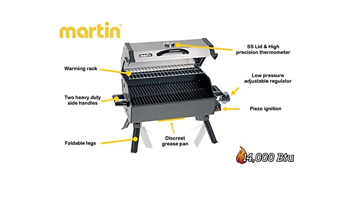MARTIN Portable Propane Gas Grill - 14,000 BTU for Outdoor Cooking