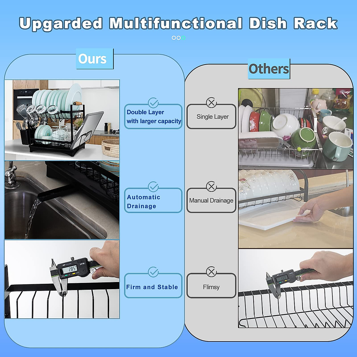 huspossesser Dish Drying Rack with Drainboard, 2 Tier Small Dish Rack, Dish Racks for Kitchen Counter, Stainless Steel Dish Drainer with Utensil Holder, Cup Rack and Cutlery Holder, Black