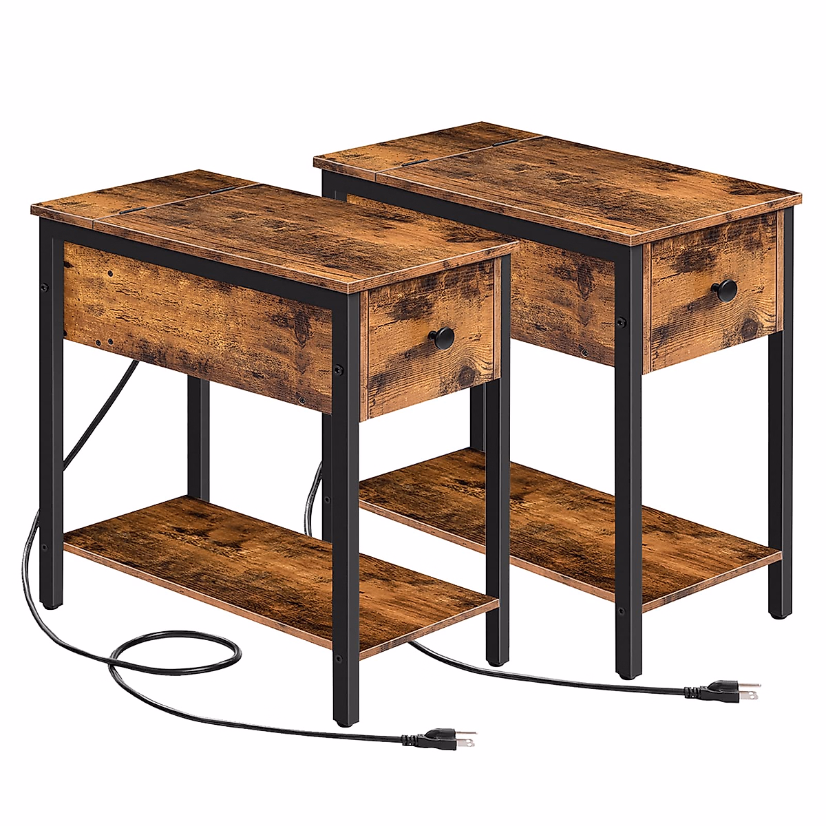 HOOBRO End Table with Charging Station, Set of 2 Narrow Side Table, Small Nightstand, Bedside Table with Drawer and Storage Shelves, for Small Spaces, Rustic Brown and Black BF041BZP201