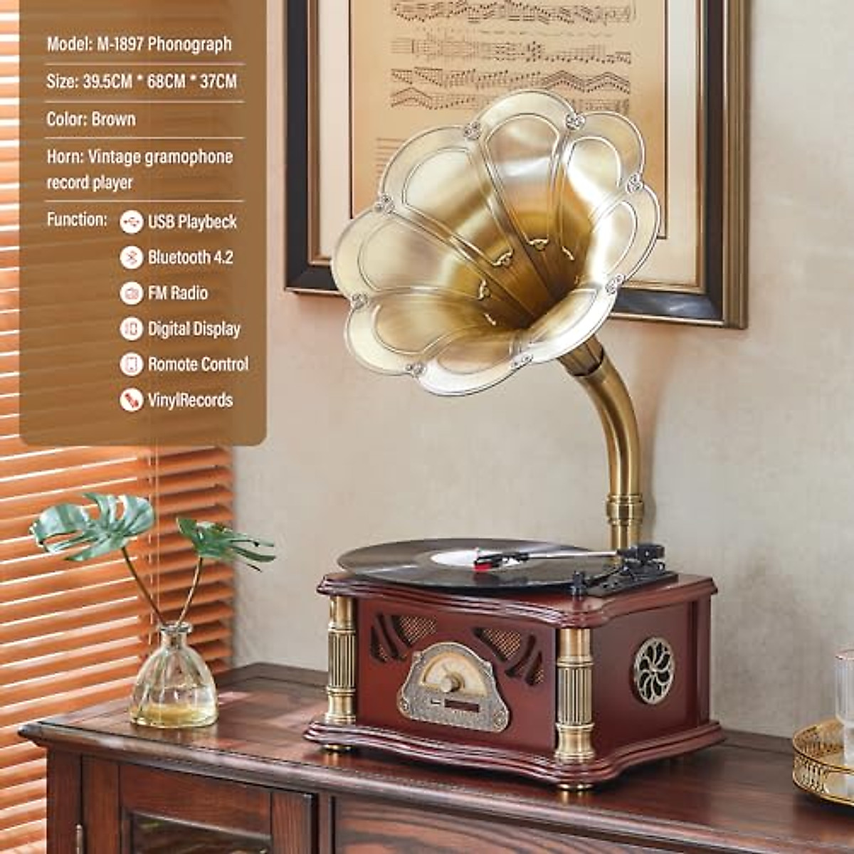 HZLSBL Vintage Gramophone with Bluetooth Output Vintage Record Players Retro Gramophone Turntables for 7" 9" 12" Vinyl Records 3 Speed, Hi-Fi, Handcrafted by Pure Oak (Walnut)
