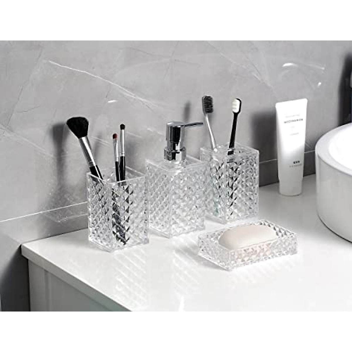4 Piece Square Plastic Bathroom Accessories Set, Clear Diamond Pattern Bathroom Accessories Soap Dispenser, Toothbrush Holder, Tumbler and Soap Dish.