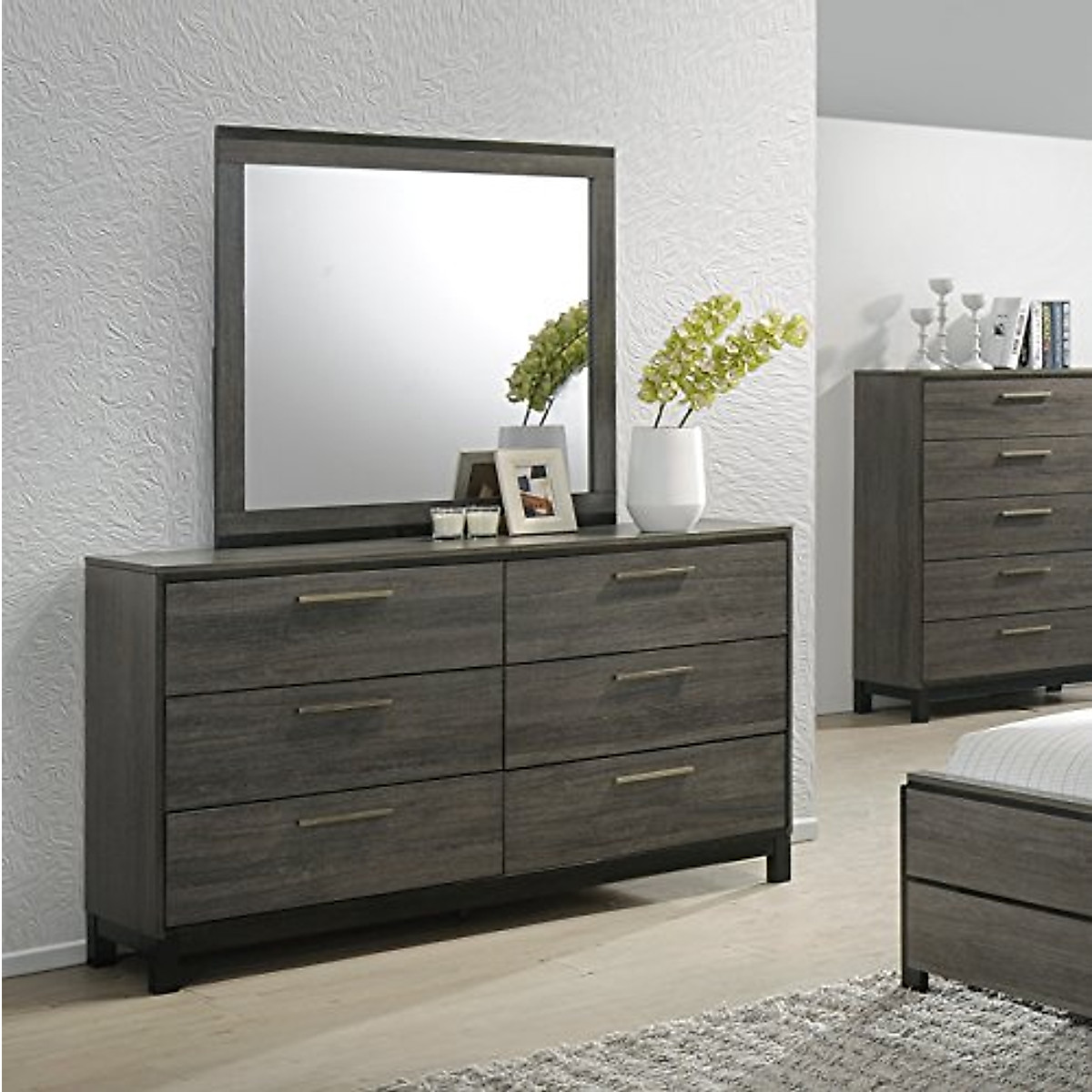 Roundhill Furniture Ioana 187 Antique Grey Finish Wood Bed Room Set, Queen Size Bed, Dresser, Mirror, Night Stand, Chest