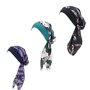 Pre Tied Head Scarves 3 Packed Slip On Beanies Chemo Covers Cap for Women (D6-Long Strap-3 Packed)