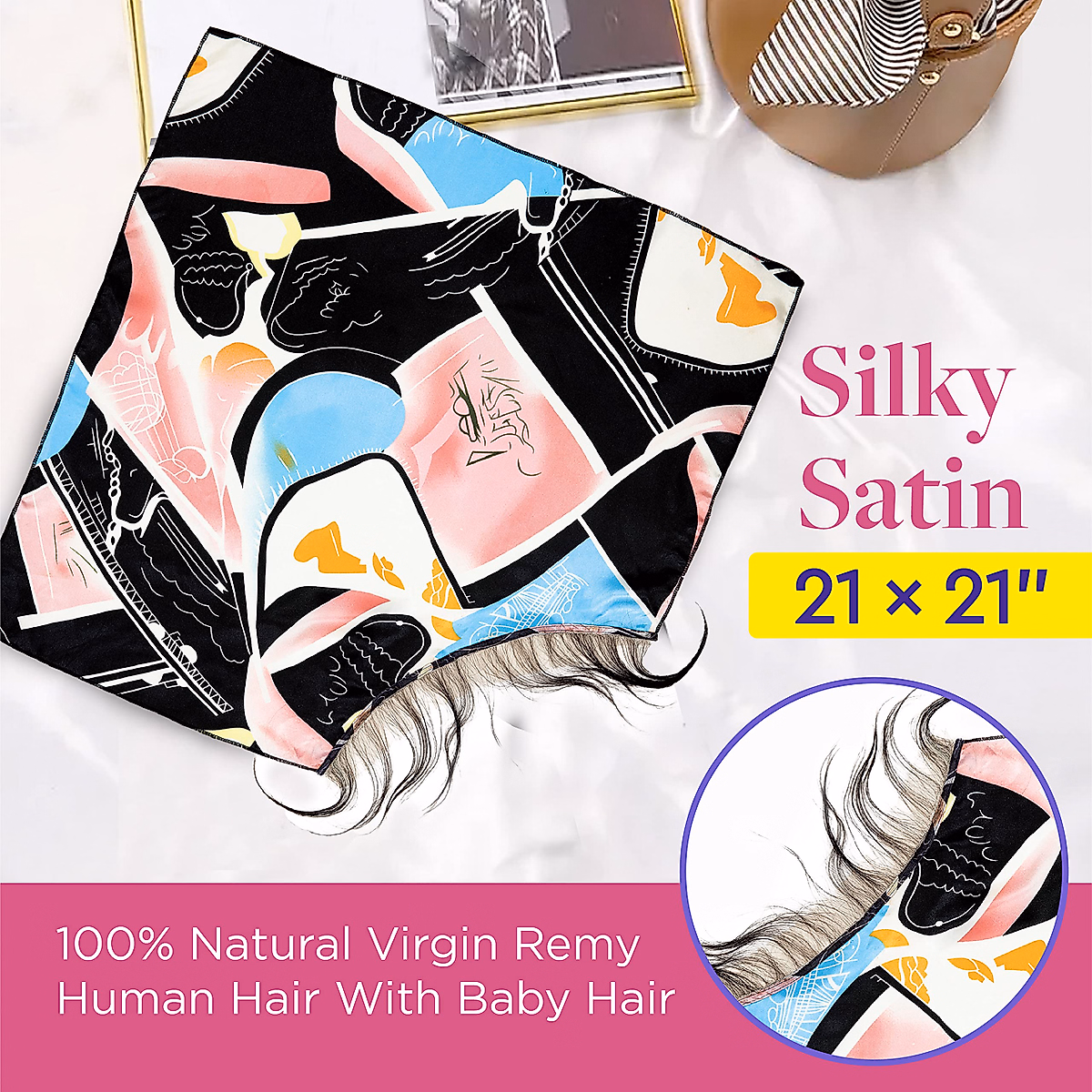 Janet Collection Melt LaFichu Edge Scarf with Baby Hair –Satin Head Wrap for Edge Style – Hand Knotted Scarf with Baby Hair (DAVINCI)