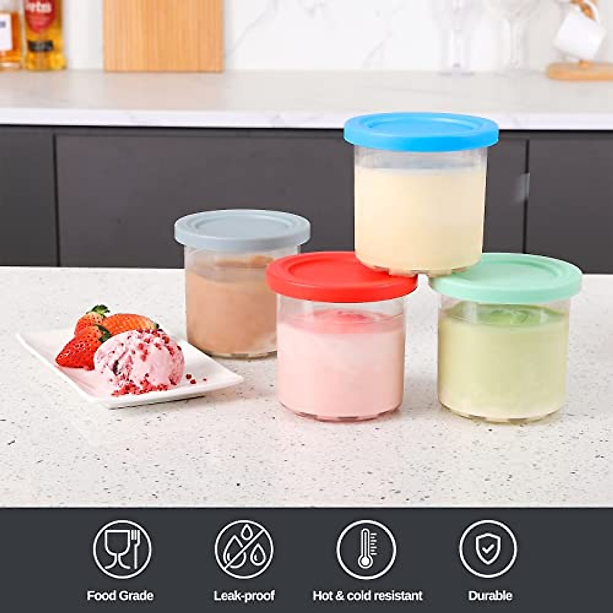 Omnikit Containers Replacement for Ninja Creami Pints and Lids - 4 Pack, 16oz Cups Compatible with NC301 NC300 NC299AMZ Series Ice Cream Maker - Dishwasher Safe, Leak Proof Lids Red/Mint/Grey/Blue