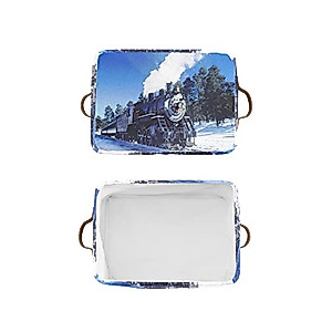 Personalized Snowy Day Train Storage Bin with Name Waterproof Canvas Organizer Bin with Handles for Gift Baskets Book Bag (1 Pack)