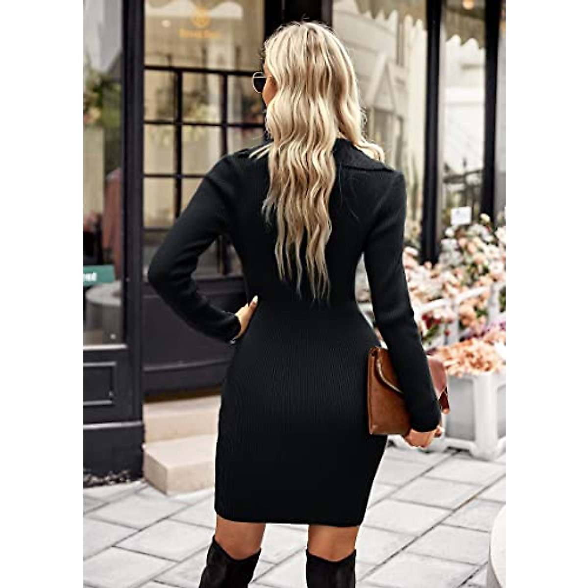 Vaiaye Women’s Sweater Dress Long Sleeve Bodycon Knit Stretchable Elasticity Button Down Winter Fall Pullover Jumper Dresses Black