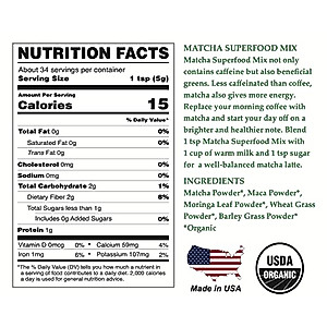 Cherie Sweet Heart Matcha Powder Green Superfood Mix, Non-GMO Mixed Greens, Plant Based, Focus & Energy, Organic Green Tea Powder, Natural Caffeine Drink Mix (6oz, 34 Servings) (Packaging May Vary)