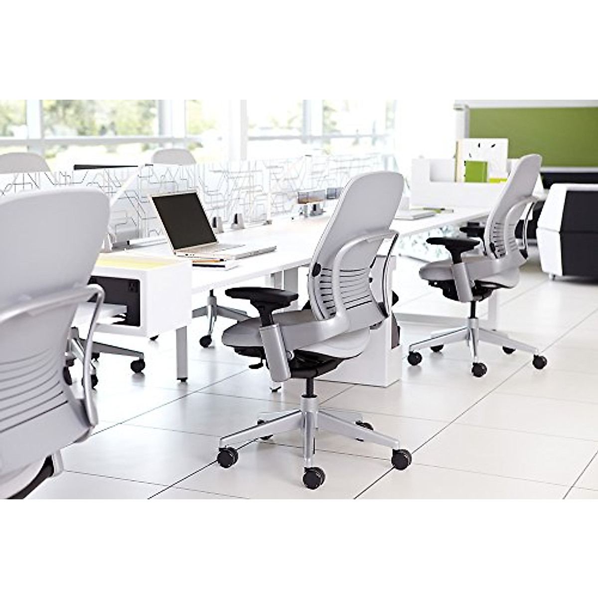 Steelcase Leap Desk Chair in Buzz2 Blue Fabric - 4-Way Highly Adjustable Arms - Platinum Frame and Base - Soft Dual Wheel Hard Floor Casters