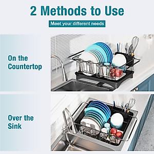 MAJALiS Dish Drying Rack in Sink - Dual-Use for Countertops & Sinks, Stainless Steel Dish Drainers for Kitchen Counter, Over The Sink Dish Racks with a Draindboard & Utensil & Cup Holder, Black