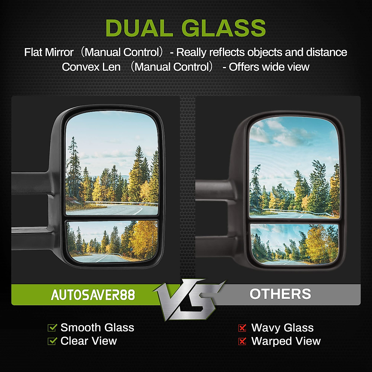 AUTOSAVER88 Towing Mirrors Compatible with 1988-1998 Chevy GMC C1500 C2500 C3500 K1500 K2500 K3500 Pickup Truck Manual Extendable Tow Mirrors, Driver and Passenger Sides Pair Set