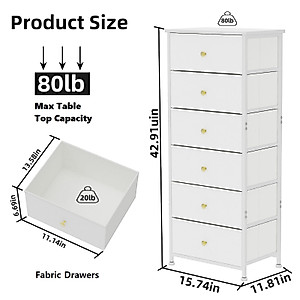 GipGiper Tall Skinny Dresser, Dresser for Bedroom, 6 Drawers Storage Organizer, White Fabric Dresser for Closet, with Sturdy Steel Frame, Metal Handle, Leather Front, Wood Top, Living Room, Nursery