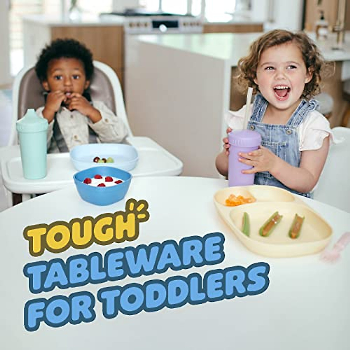 MightyMoe Kid’s Dinnerware Set - 28 Pieces, 4 Place Settings - Pastel Color Set - Tough Tableware for Toddlers - Made in the USA - Dishwasher and Microwave Safe - BPA Free and Shatter Resistant