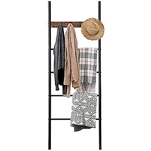HOOBRO Blanket Ladder, 5-Tier Ladder Shelf, Wall-Leaning Rack, Decorative Ladder with 4 Removable Hooks, for Bathroom, Metal Frame, Rustic Brown BF61CJ01