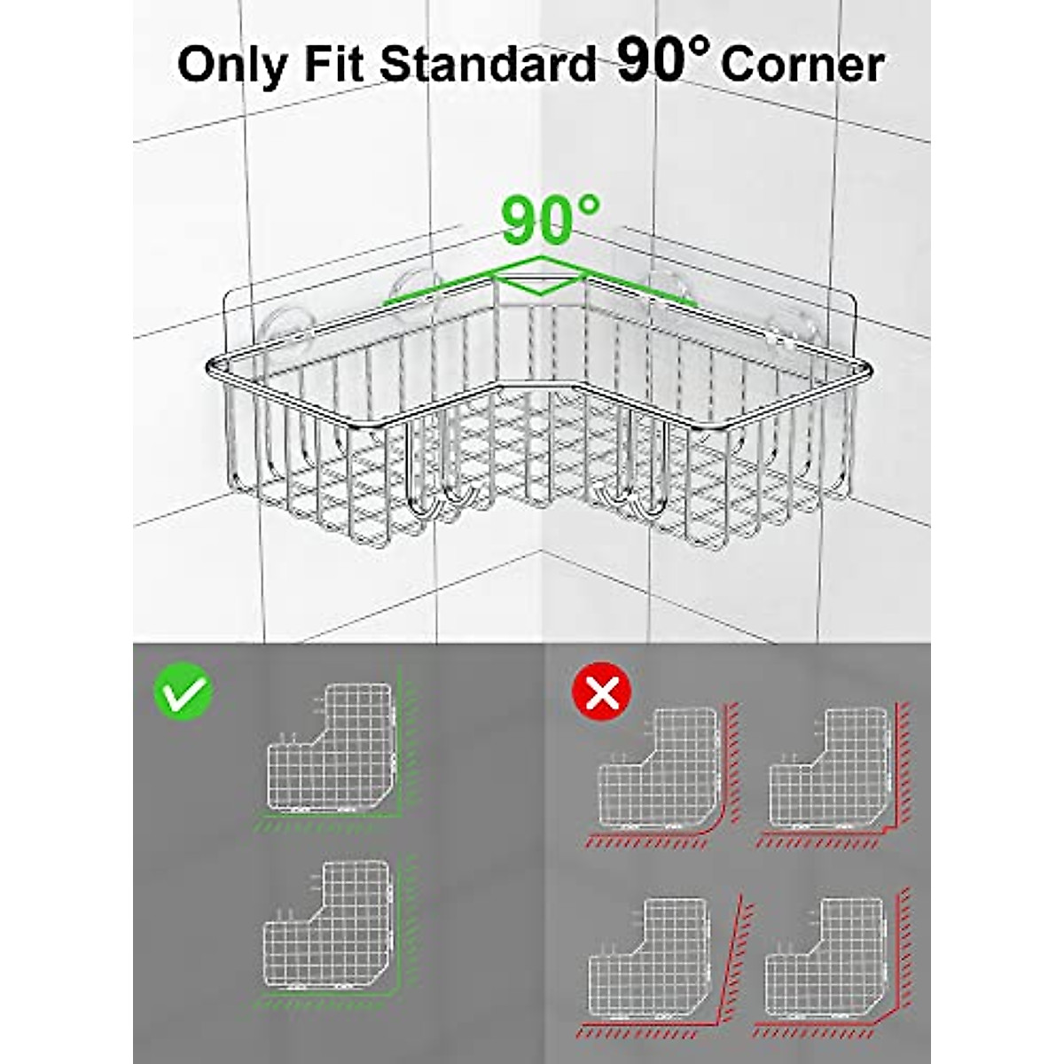SMARTAKE Corner Shower Caddy Shower Shelf 2 Pack Adhesive Shower Rack with Hooks, SUS 304 Stainless Steel Shower Organizer for Bathroom Toilet Kitchen, Shower Storage for 90° Wall (Silver)