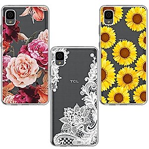 HAIJ (3 Pack) for TCL 30Z Case, Shock-Absorption Anti-Scratch Crystal Clear Soft TPU Bumper Protective Phone Case Cover for Alcatel TCL 30Z 30 Z 4G LTE T602DL, White Flower, Sun Flower, Purple Flower