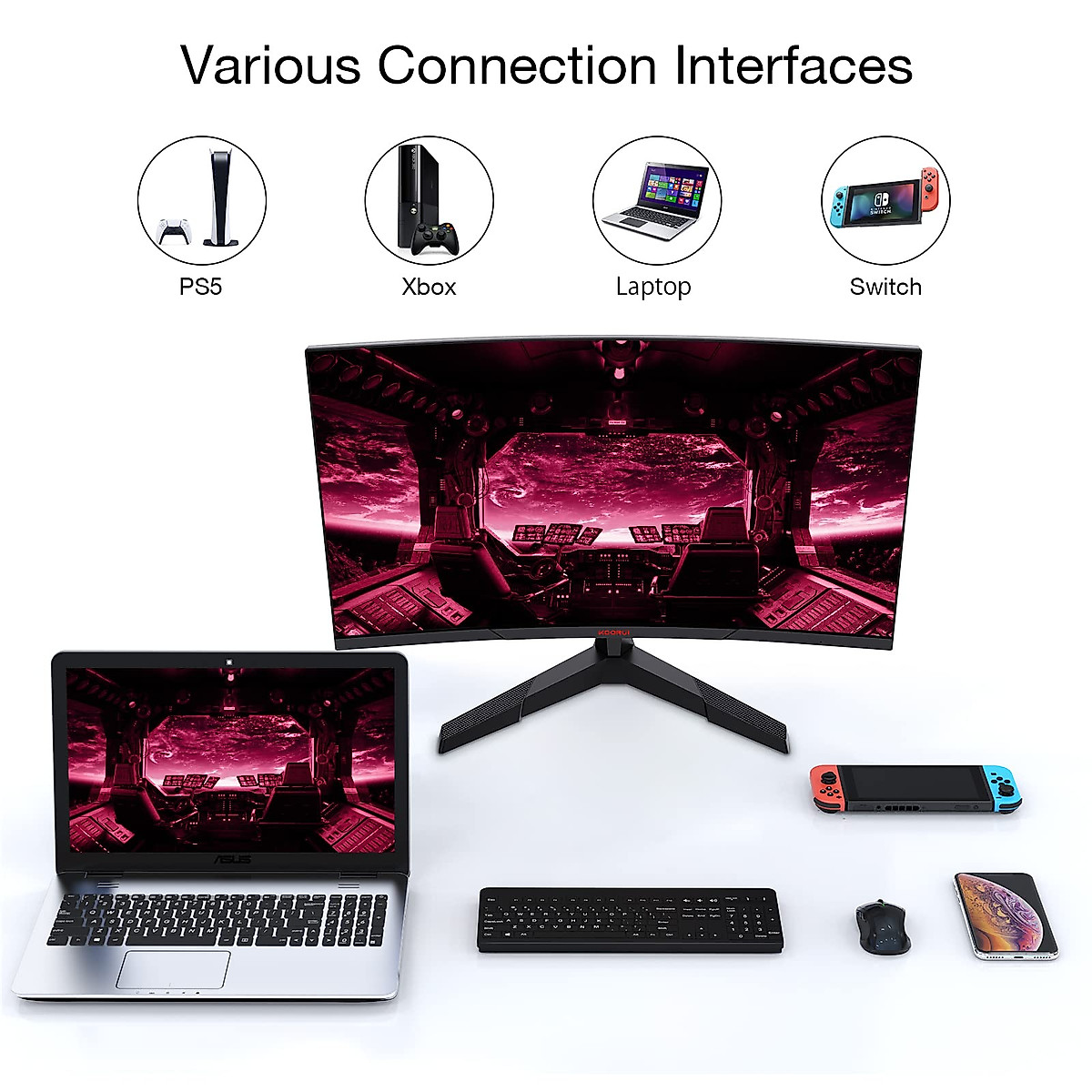 KOORUI 27" WQHD 2560x1440 Curved Gaming Monitor, 144Hz Refresh 1800R Computer Monitor, 1ms with AdaptiveSync Monitor, Low Blue Light, Eye Care, DP1.2+HDMI*2, VESA Compatible - Black