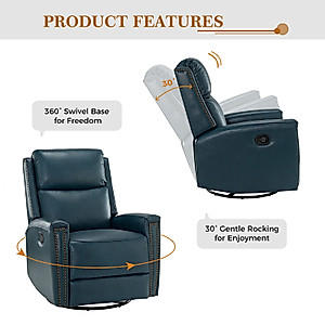 HULALA HOME Genuine Leather Swivel Rocker Recliner, Manual Glider Recliner Chair with Adjustable Backrest & Footrest, Modern Home Theater Sofa Armchair for Bedroom Living Room, Turquoise