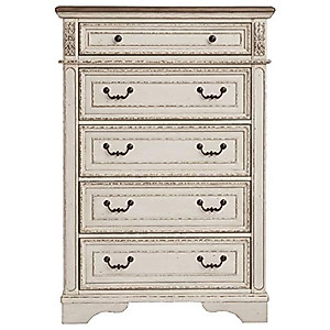 Signature Design by Ashley Realyn French Country Two Tone 5 Drawer Chest of Drawers, Chipped White