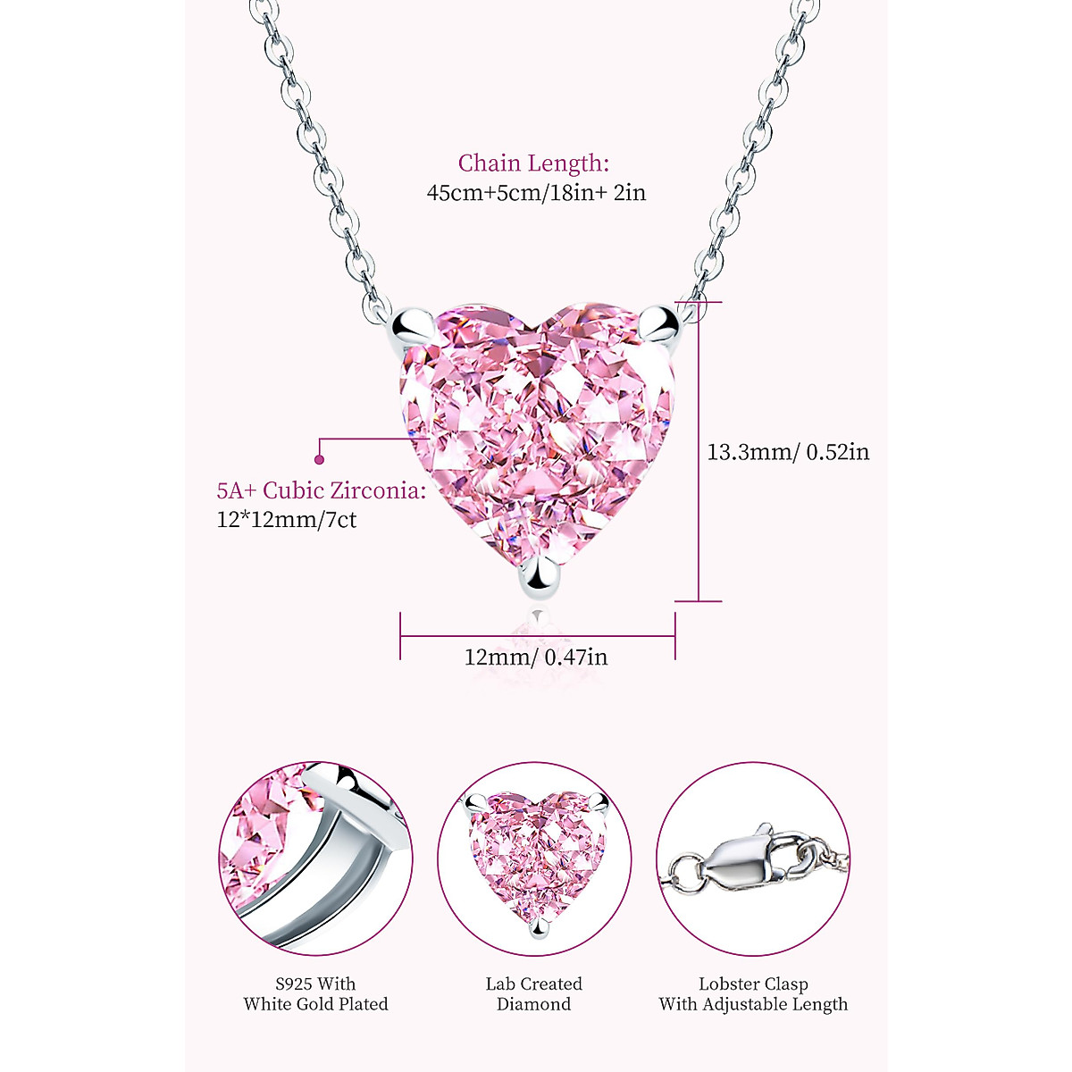 AINUOSHI Heart Necklace Sterling Silver Necklaces for Women Pink Cubic Zirconia Diamond Pendant Anniversary Birthday Christmas Gifts for Her Hypoallergenic
