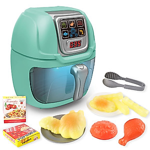 deAO Air Fryer Toy for Kids with Lights,Play Kitchen Color Changing Play Foods,13 PCS Pretend Food and Cooking Playset,Gift for Boys Girls Kids