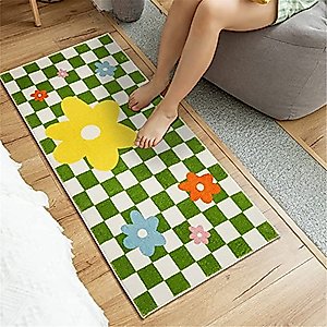 Green Checkered Rug for Living Room 19.7" x 47.2" Checkerboard Carpet Bedroom Bedside Rug Sofa Coffee Table Area Rug Soft Floor Mats Home Decor Anti-Slip Doormat
