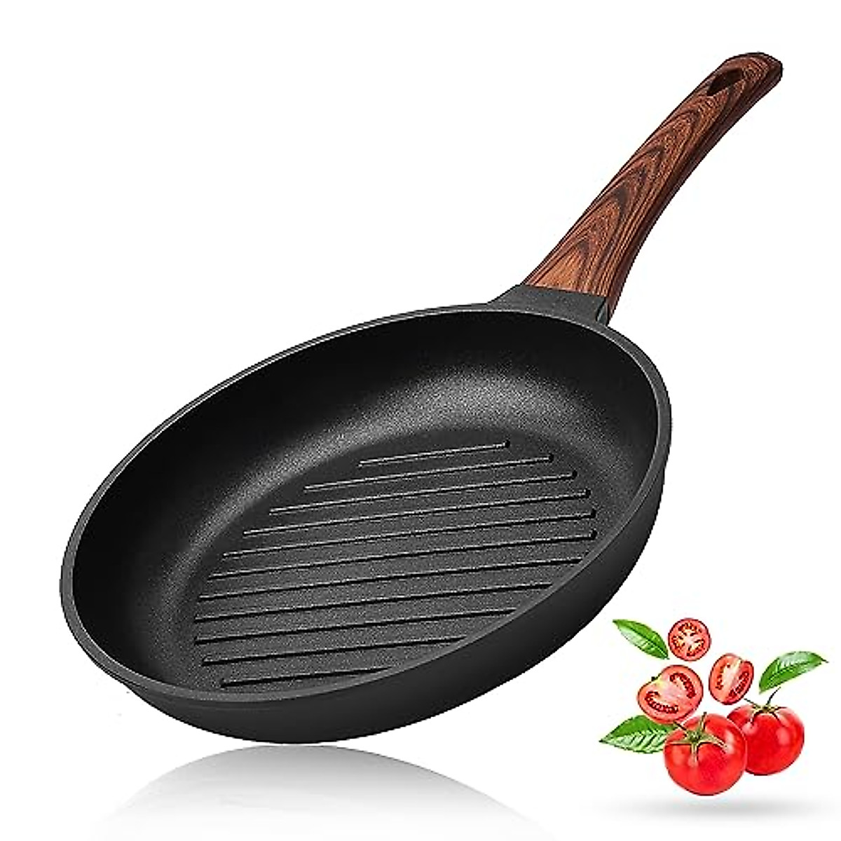 Vinchef 10 Inch Aluminum Nonstick Grill Pan for Stove Tops|Round Grill Pan With Wooden Stay Cool Handle|Induction Compatible
