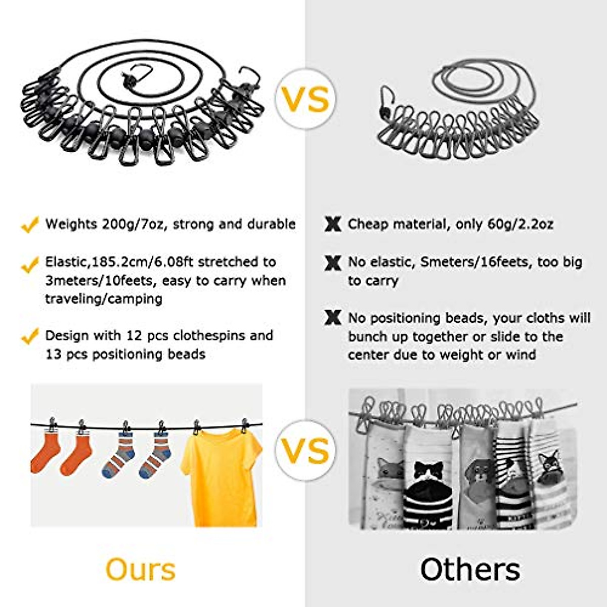 Roctee 3 Pack Portable Travel Clothesline with All 36 Clothespins, Retractable Clothesline Outdoor Laundry Line for Drying Clothes Heavy Duty Windproof (Black)