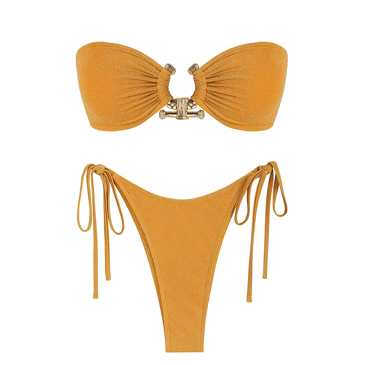 ZAFUL Bandeau Cut Out Swimsuits for Women Sexy Strapless Swimwear Cute Glitter Metallic Bikinis Gold Yellow XS