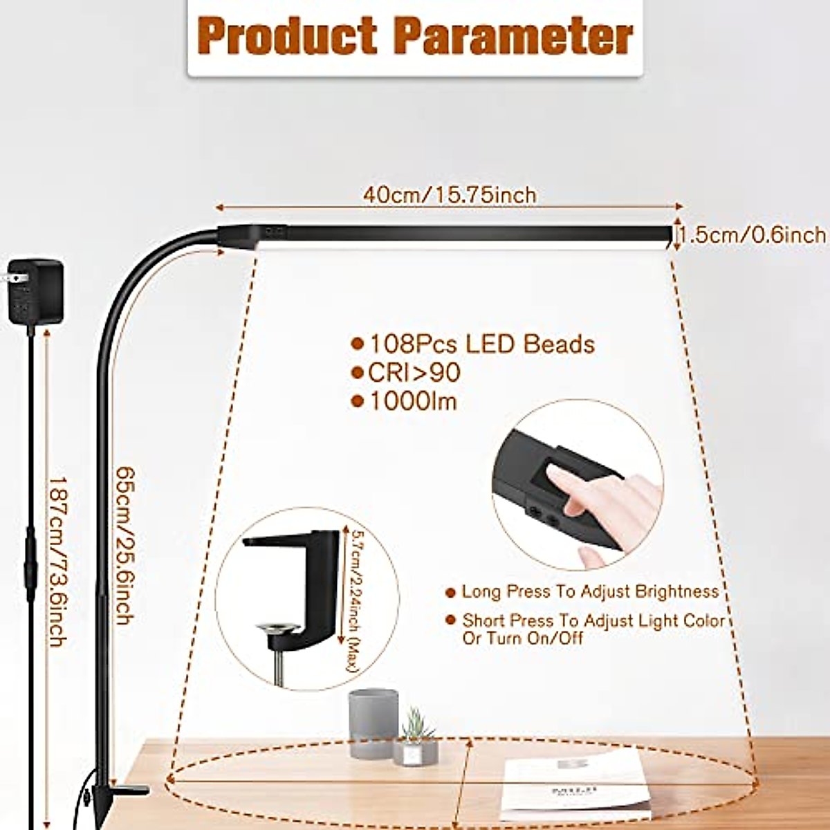 Aedcbaide Desk Lamp for Home Office 108PCS LED Desk Lamp 40CM Head Flexible Gooseneck Desk Light, Eye-Caring Touch Control, 3 Color Modes Stepless Dimmable Brightness Clamp Lamp for Reading Study