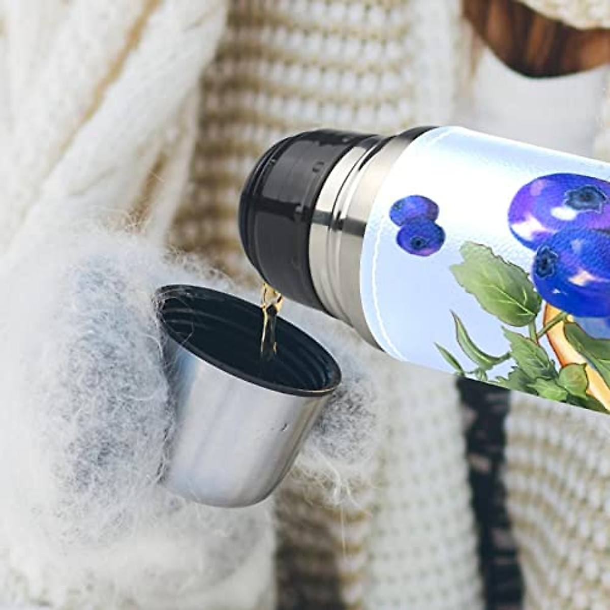 Stainless Steel Leather Vacuum Insulated Mug Blueberry Thermos Water Bottle for Hot and Cold Drinks Kids Adults 16 Oz