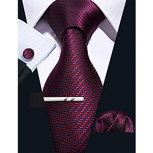 Barry.Wang Mens Stripe Plaid Tie Set with Pocket Square Cufflink Tie Clip Necktie Business Wedding 6PC