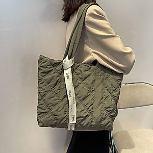 iSamzan Puffer Quilted Tote Bag for Women Puffy Padded Purse with Zipper Work Nylon Soft Purse-Green