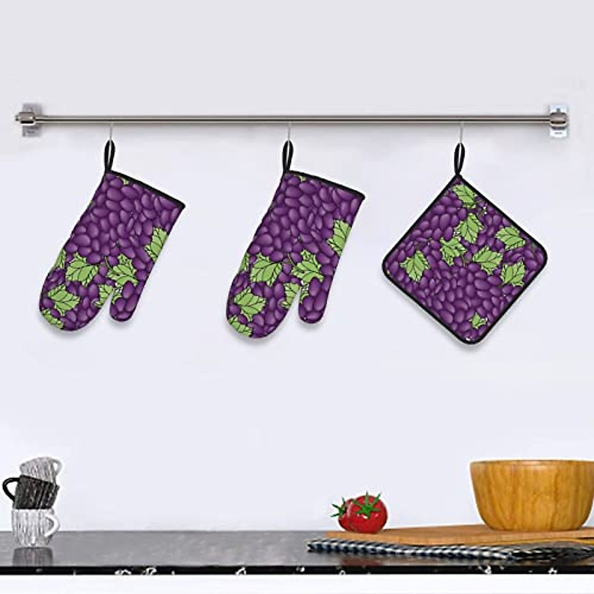 Grape Oven Mitts and Pot Holders Sets for Kitchen Heat Resistant Oven Mit Gloves Non Slip Hot Pads for Cooking Grill Purple