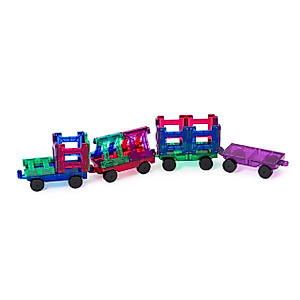 Playmags Magnetic Tiles Train Car Set for Kids - 55pcs Magnet Building Blocks Accessory Set with 4 Cars - Durable Creative STEM Learning Toys for Boys, Girls & Toddlers