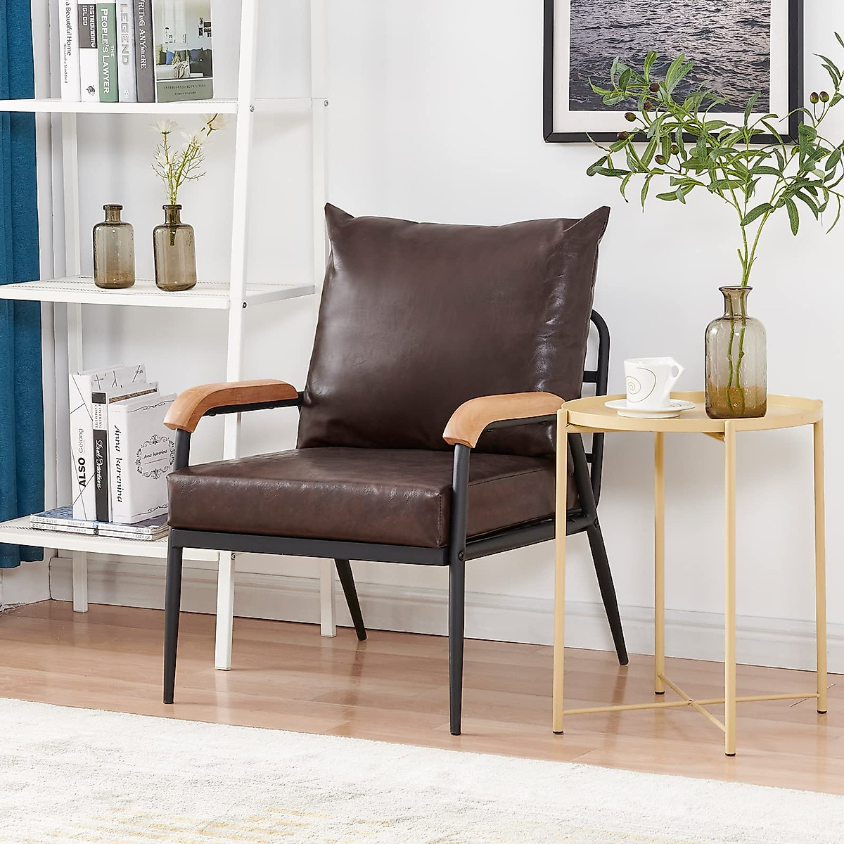 CLIPOP Mid Century Modern Accent Chair, Single Sofa with Removable Backrest and Cushion, Upholstered Faux Leather Armchair with Solid Wood Armrest Metal Frame Easy-Assembly, 24" W, Dark Brwon
